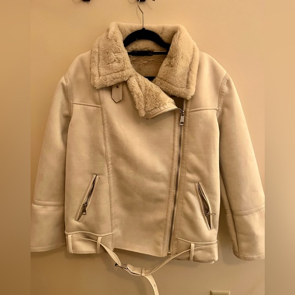 Zara | Jackets & Coats | Zara Cream Suede Aviator Shearling Jacket ...